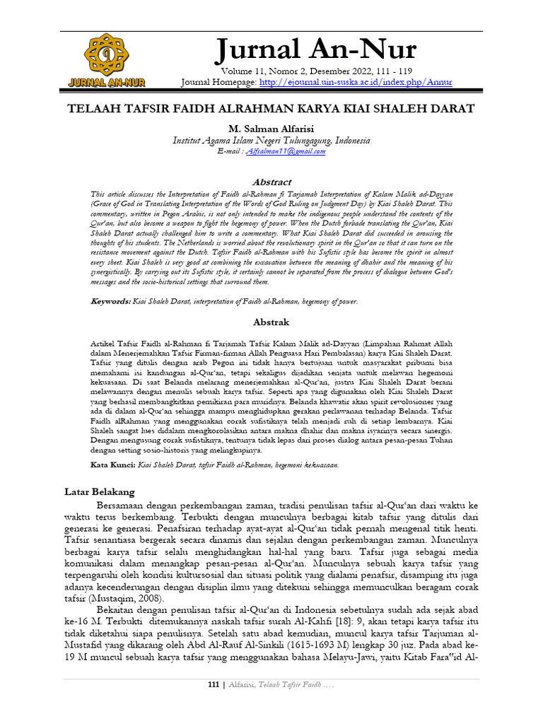 Jurnal Annur Tela'Ah Tafsir Faidh Arrahman | PDF | Agama & Spiritualitas