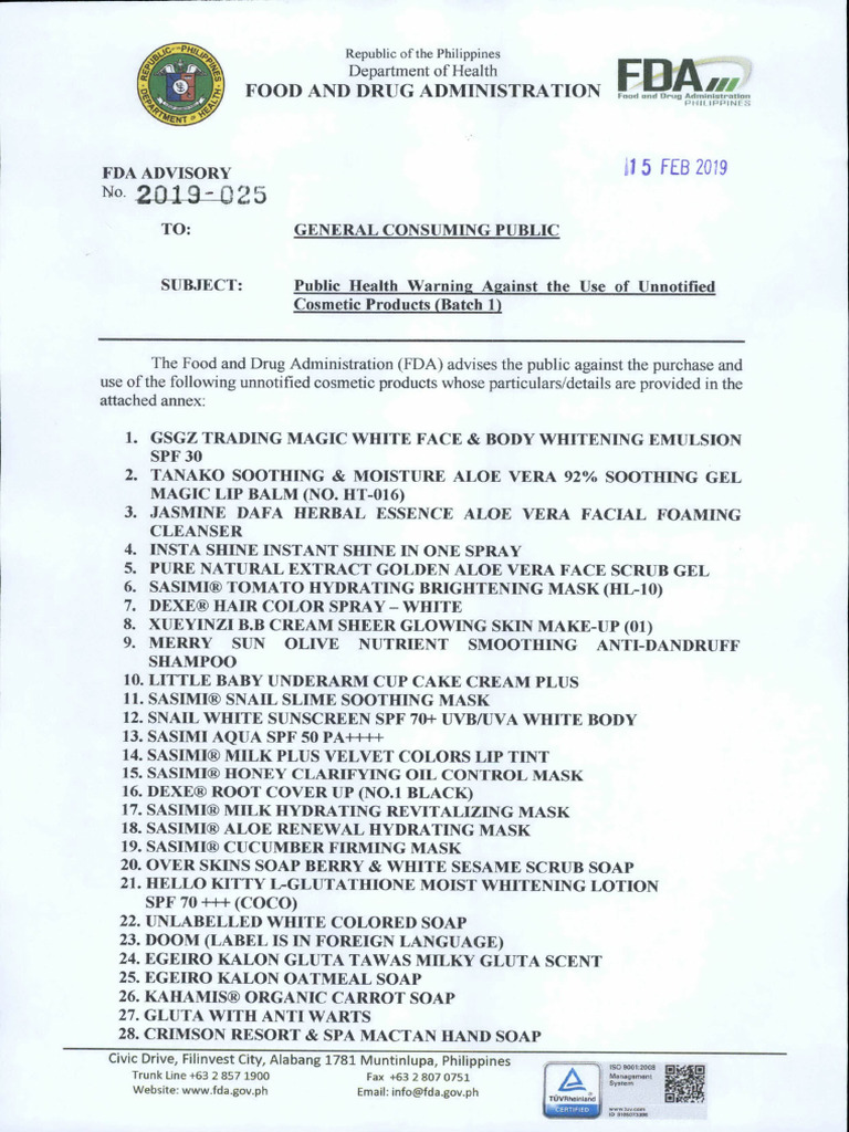 FDA Advisory No. 2019 025 | PDF