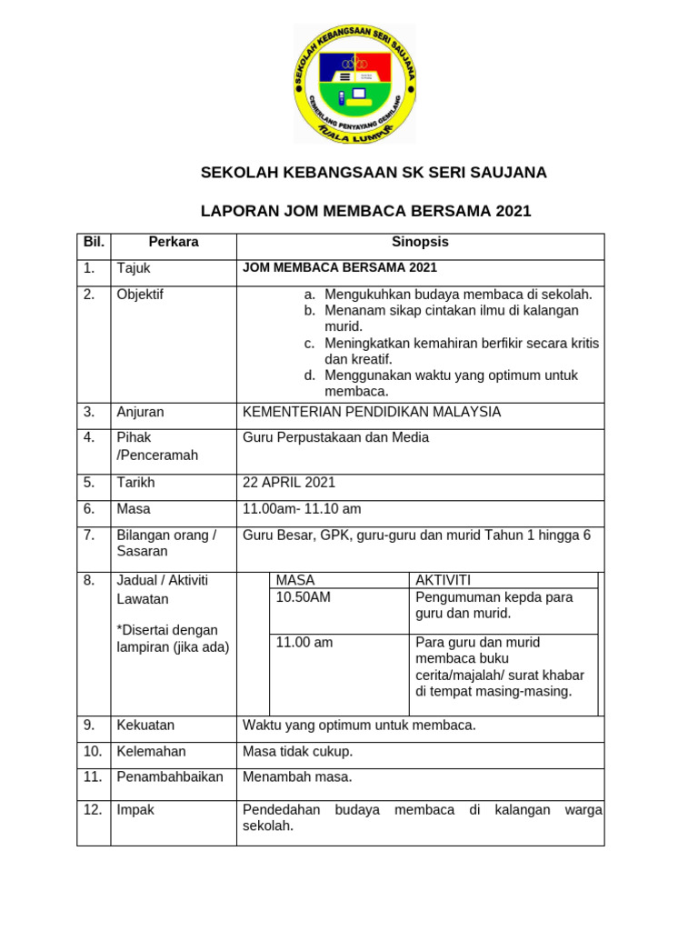 Laporan Program Jom Membaca 2021 | PDF