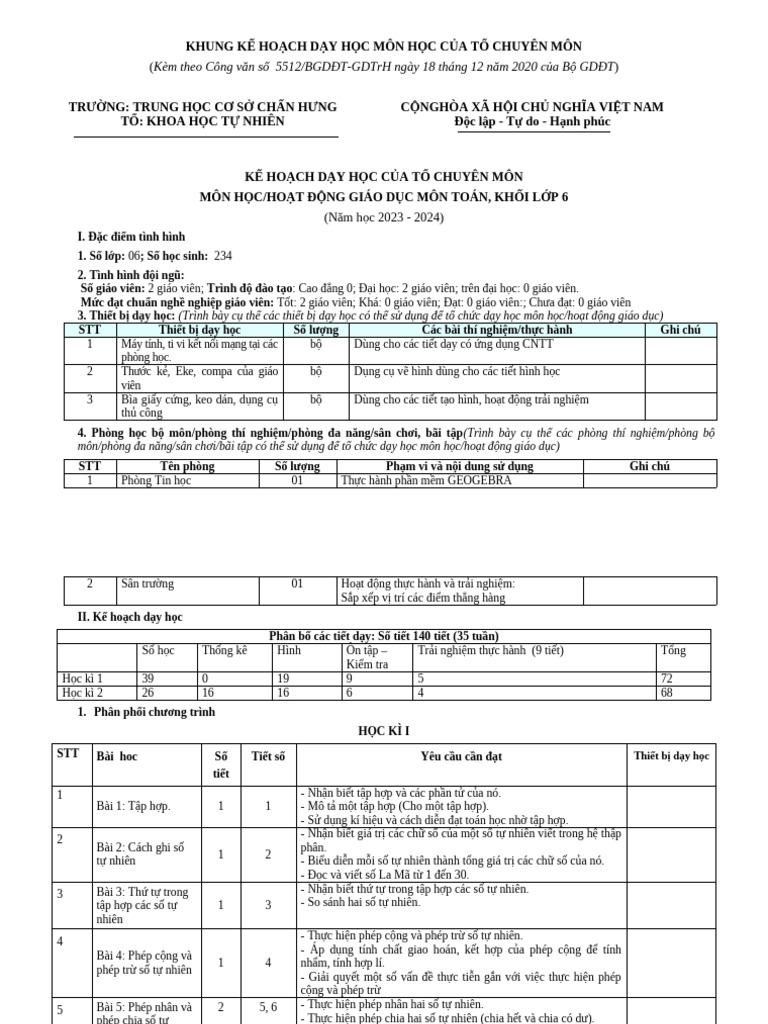 PH L C 1 - KHDH Toán 6 X | PDF