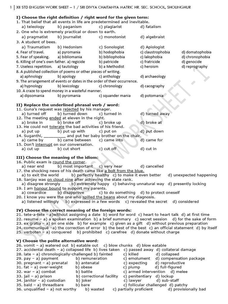 12th English Work Sheet PDF Download | PDF | Young Adult