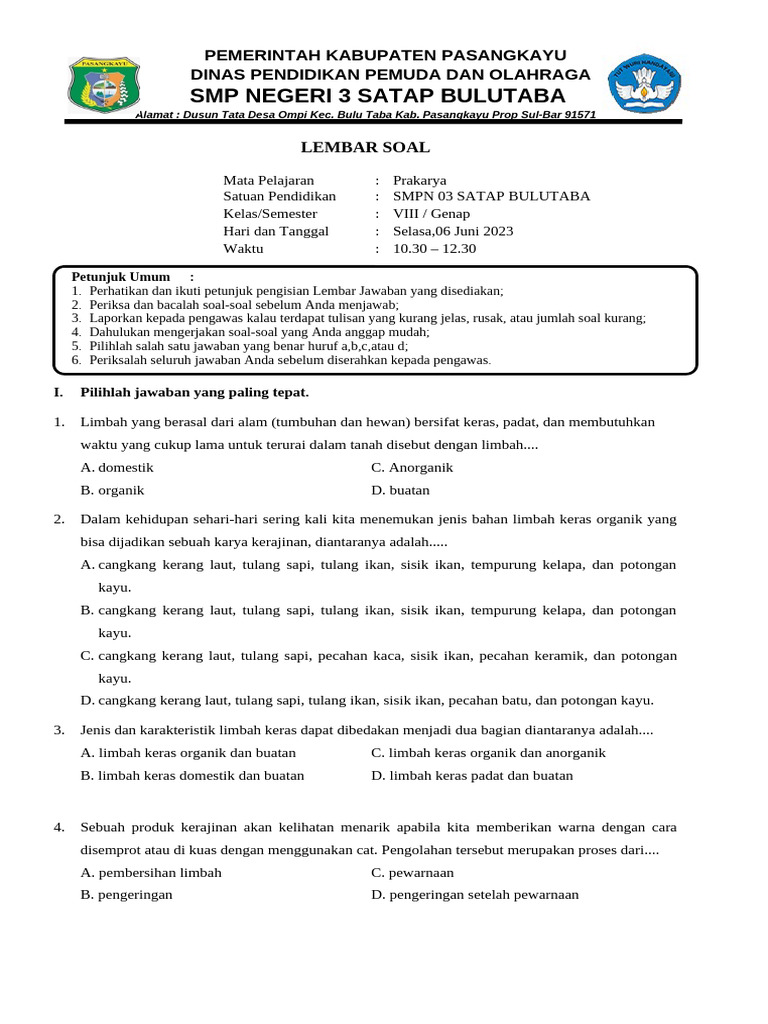 Soal PAT PRAKARYA KELAS 8 | PDF | Griya & Taman | Seni