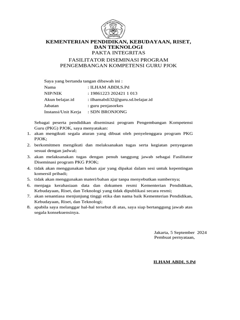 Pakta Integritas Fasilitator Pkg Pjok Pdf Karier Perkembangan