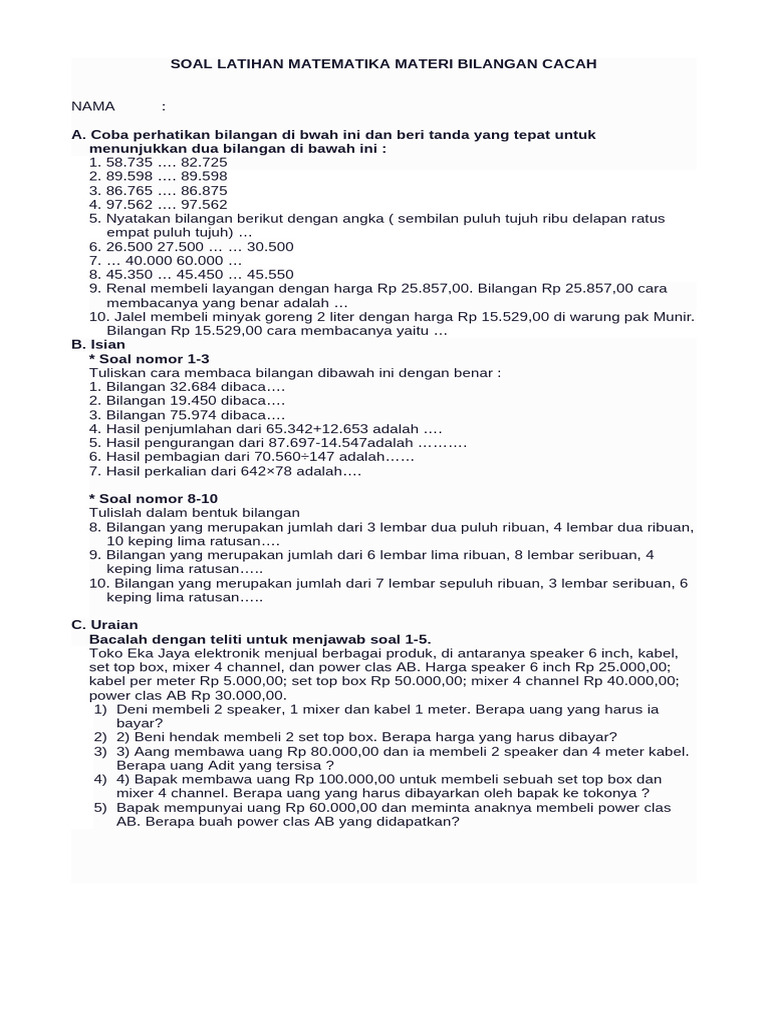 Soal Latihan Matematika Materi Bilangan Cacah | PDF