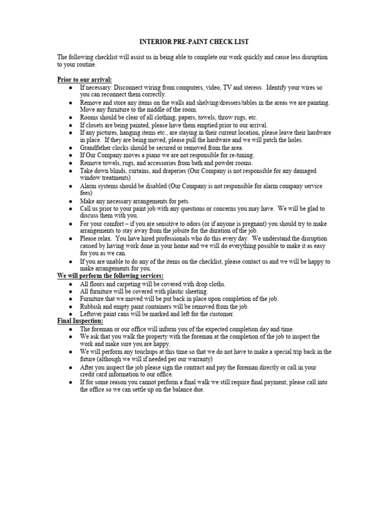 Interior Pre Paint Checklist | PDF | Law | Technology & Engineering