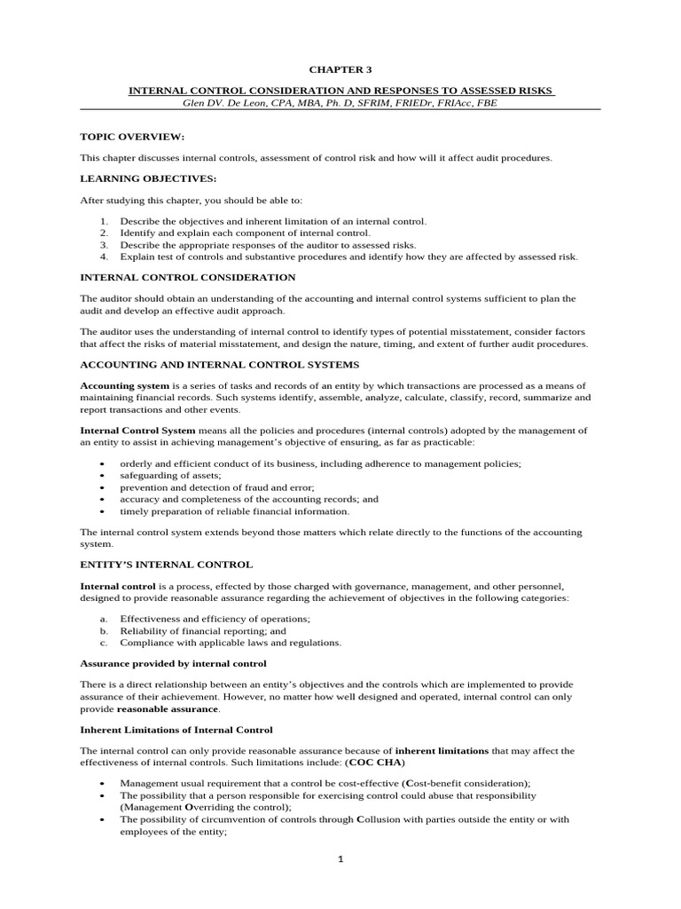 Chapter 3 Internal Control Consideration and Responses To Assessed Risks | PDF | Internal ...