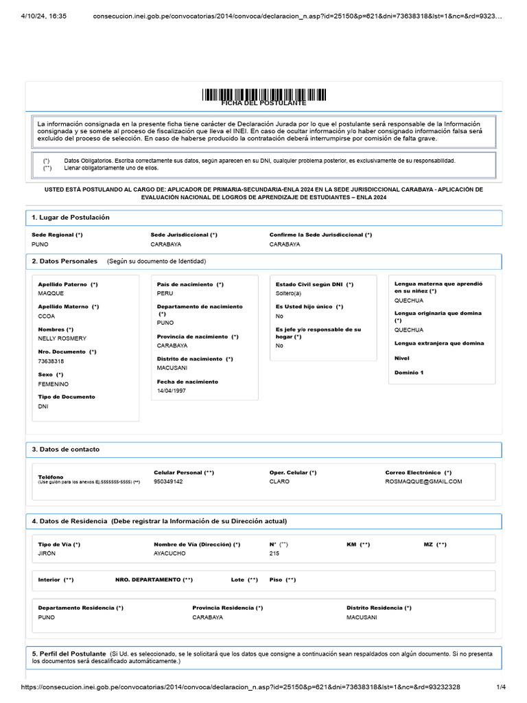 Postulación INEI 2024: Datos y Requisitos | PDF | Documento de identidad