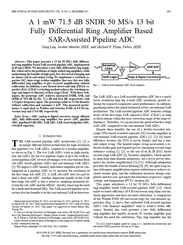 A 1 MW 71.5 DB SNDR 50 MS S 13 Bit Fully Differential Ring Amplifier Based SAR-Assisted Pipeline ...