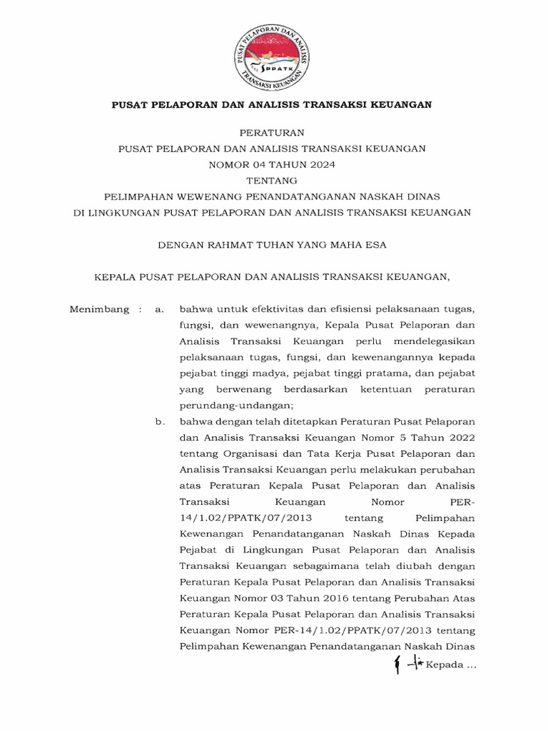 Peraturan Kepala Nomor 04 Tahun 2024 Tentang Pelimpahan Wewenang Penanda Tanganan Naskah Dinas ...