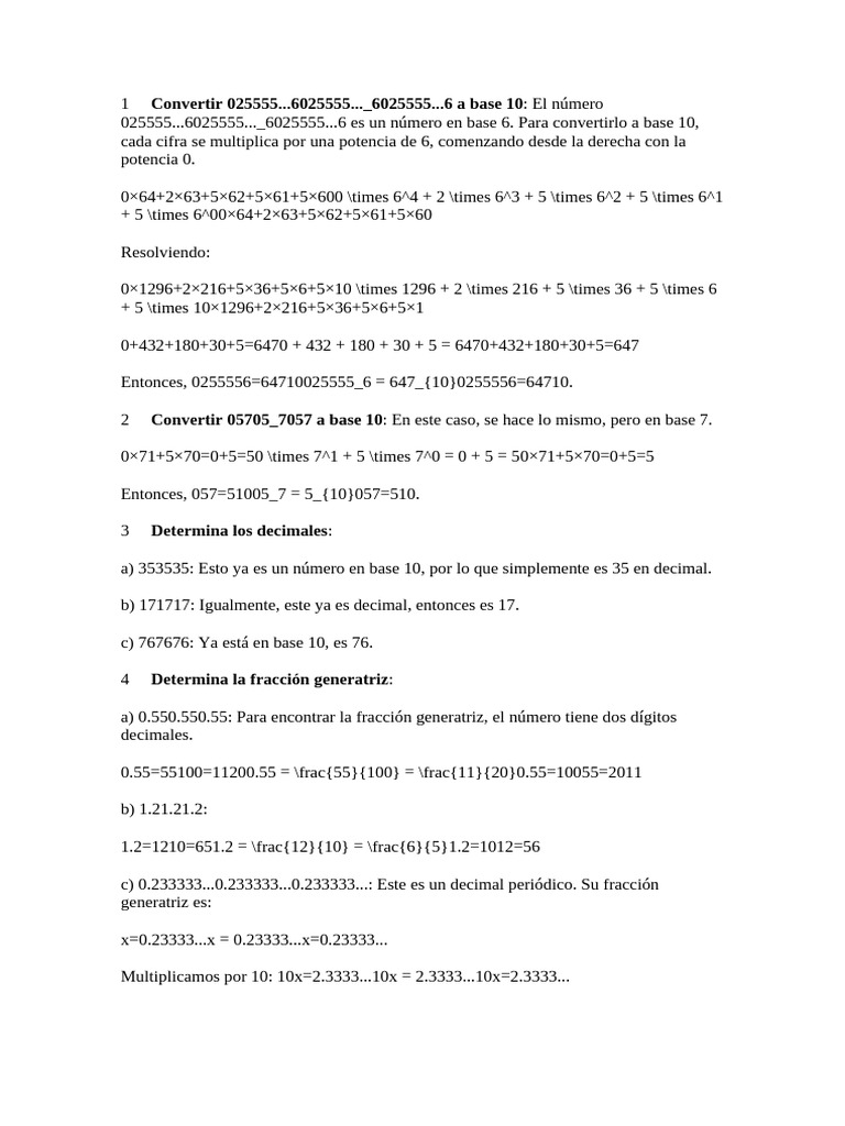 Conversión de Bases y Problemas Matemáticos | PDF | Decimal | Exponenciación