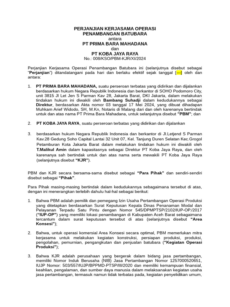 Kerjasama Penambangan Batubara PBM-KJR | PDF