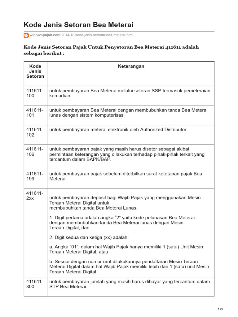 Kode Jenis Setoran Bea Meterai | PDF