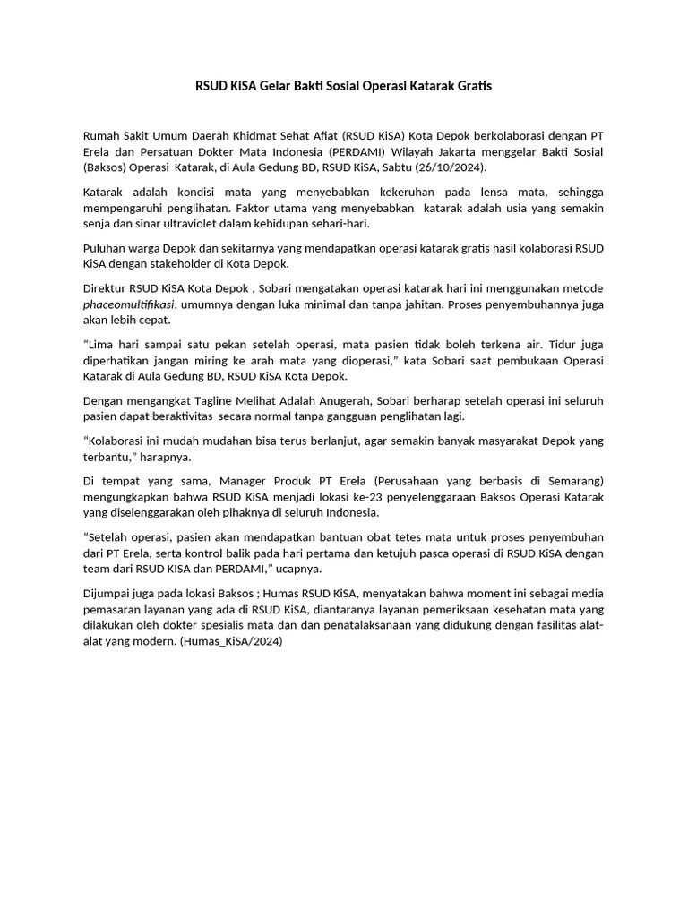 Artikel Baksos Operasi Katarak RSUD KiSA 2024 | PDF