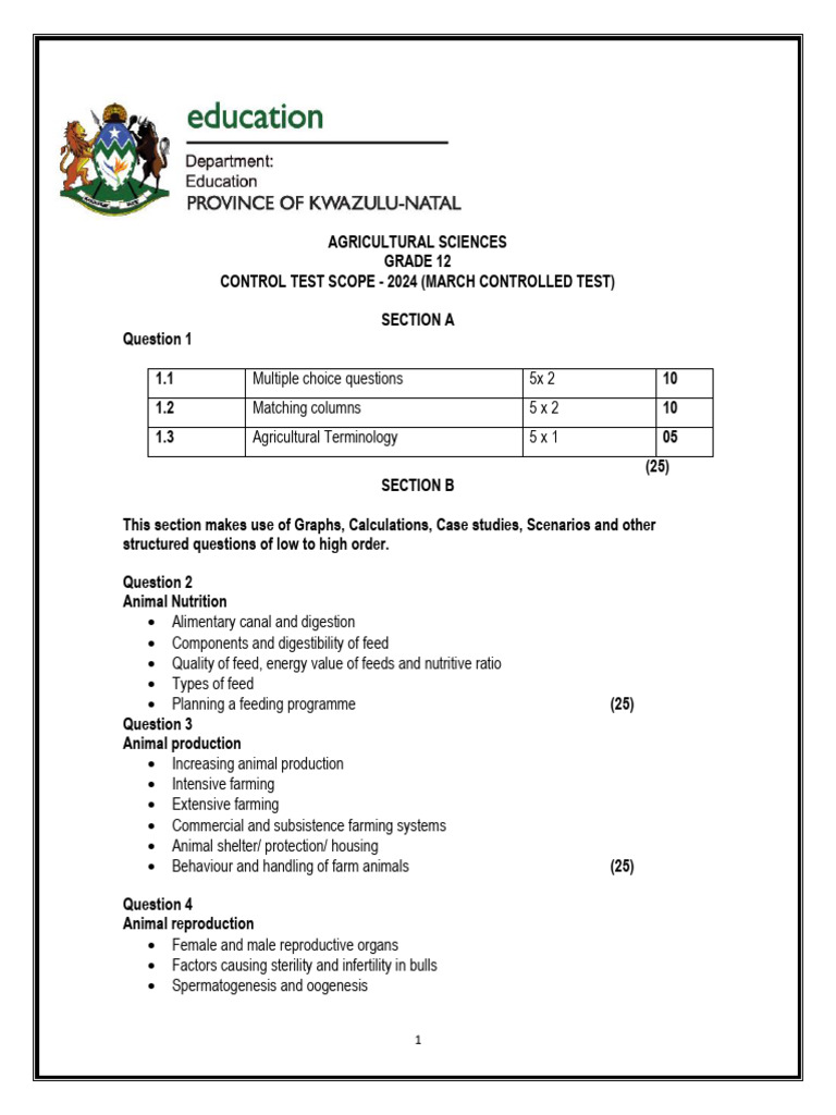 Grade 12 Agricultural Sciences Scope 2024 | PDF | Parasitism | Cattle
