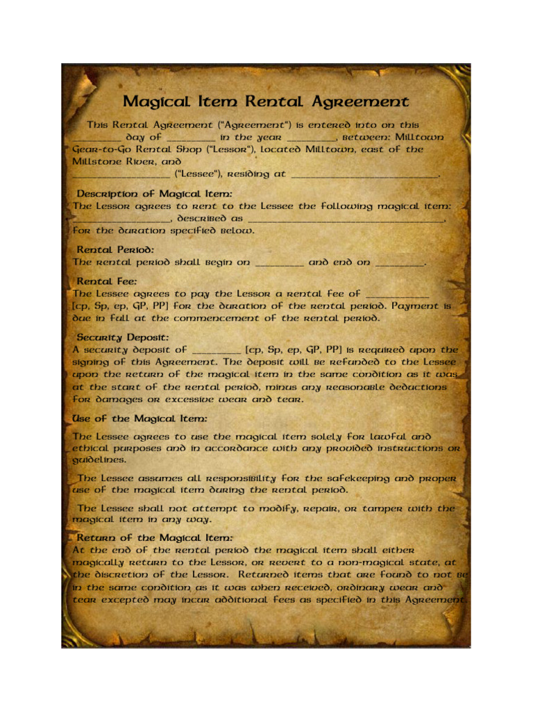 Magical Item Rental Agreement Template | PDF | Lease | Consent