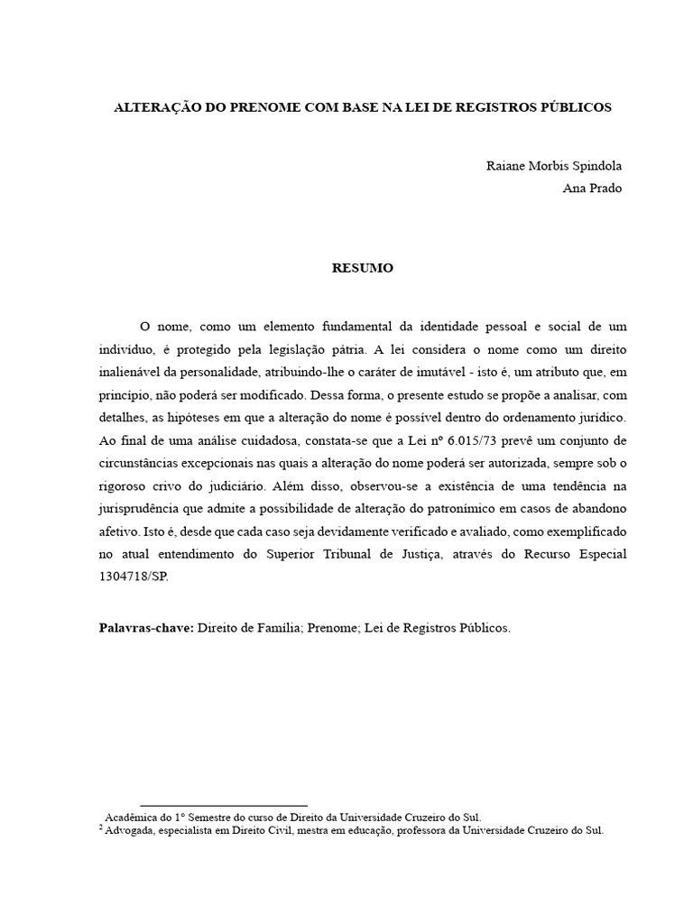 Alteração Do Prenome Com Base Na Lei de Registros Públicos | PDF ...