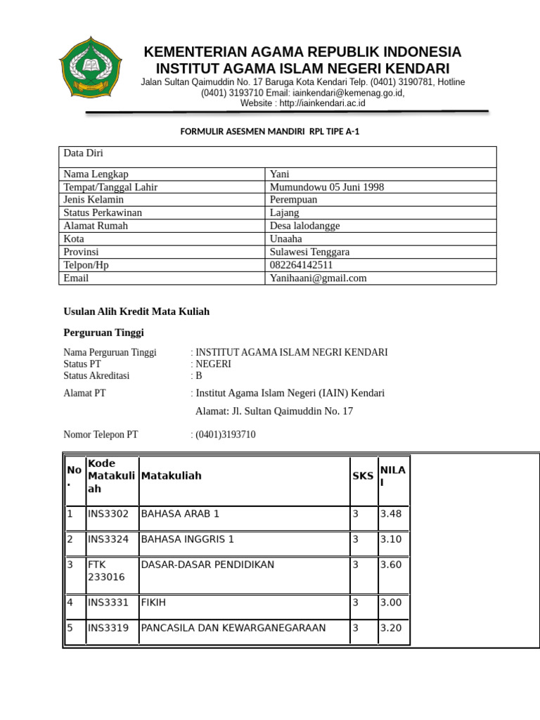 Formulir Asesmen Mandiri RPL Tipe A | PDF