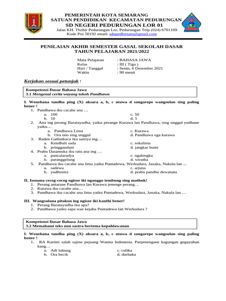 Bahasa Jawa Pas SM 1 Tahun 2021-2022 | PDF