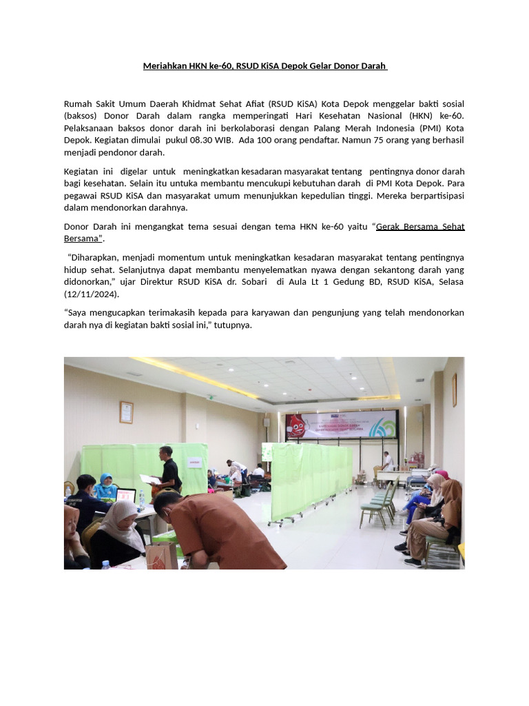 RSUD KiSA Gelar Donor Darah Pada HKN Ke 60 | PDF | Ilmu Sosial | Kesehatan Holistik