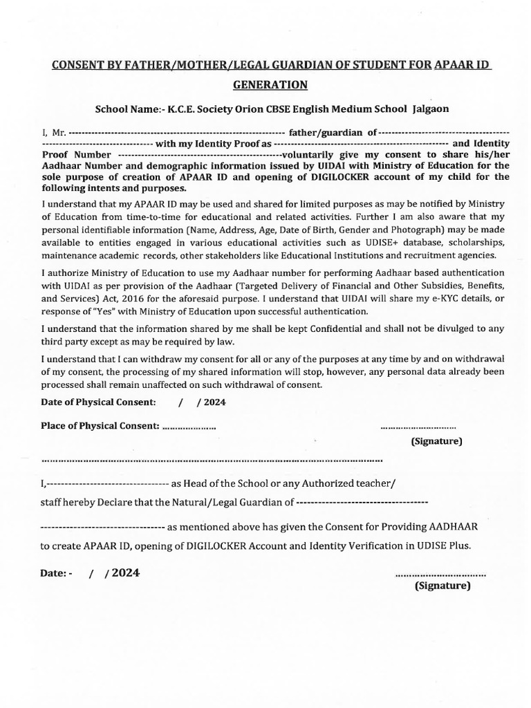 Consent Form For APAAR ID | PDF