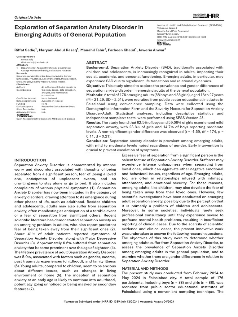 Exploration of Separation Anxiety Disorder in Emerging Adults of General Population | PDF ...