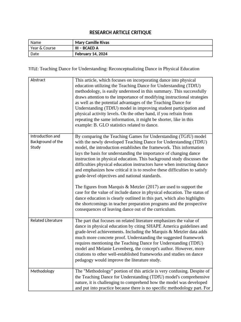 Dance Critique Paper | PDF | Methodology | Cognition