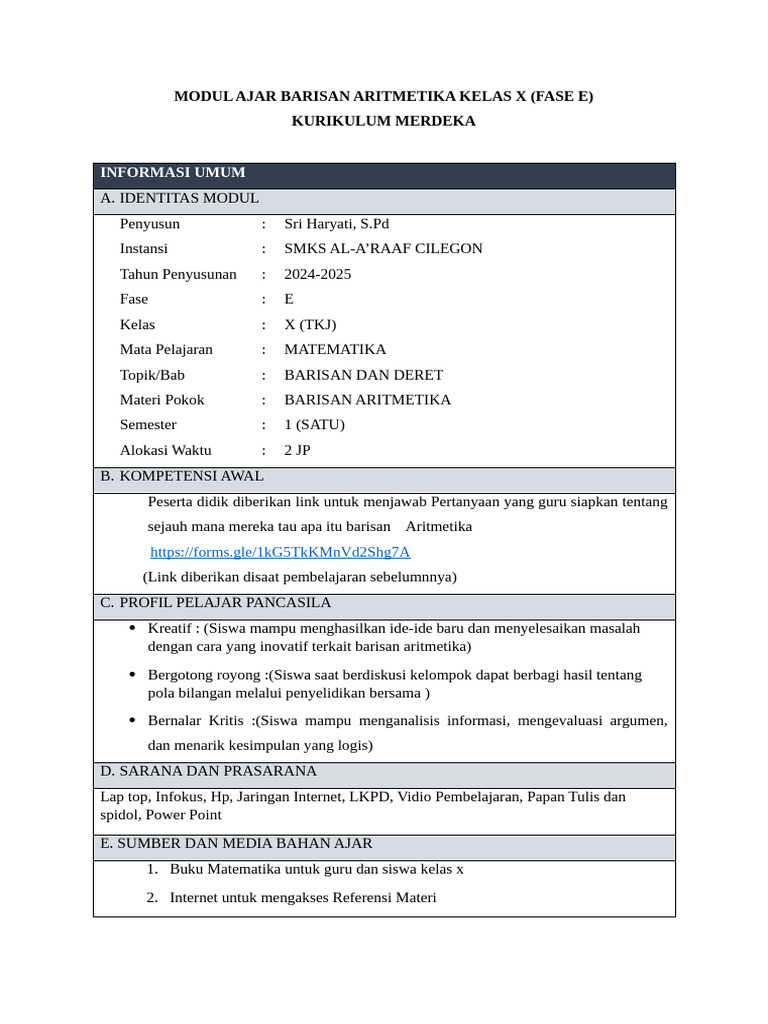 Modul Ajar Barisan Aritmetika | PDF