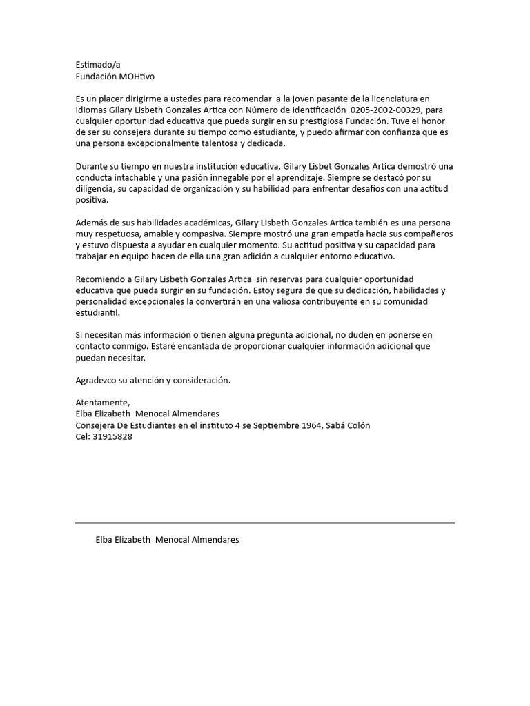Carta de Recomendación Gilary | PDF