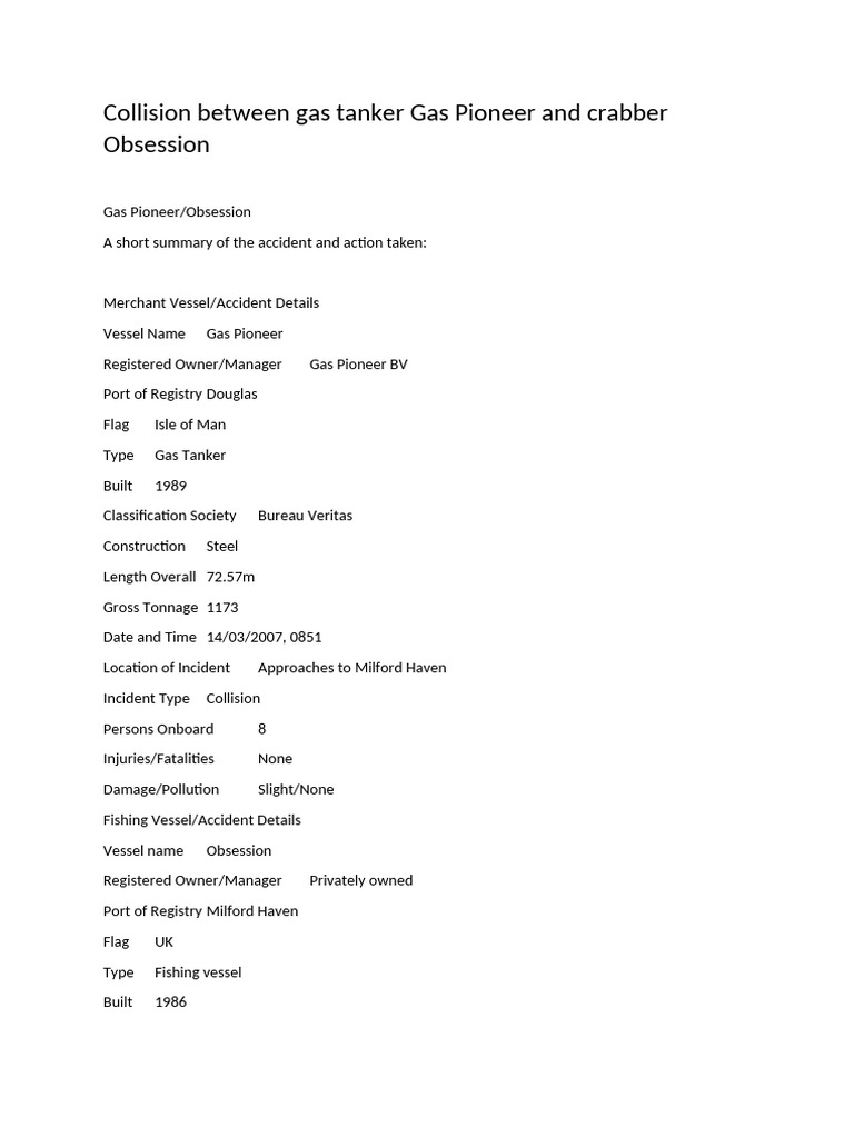Gas Tanker and Fishing Vessel Collision Report | PDF | Ships | Port