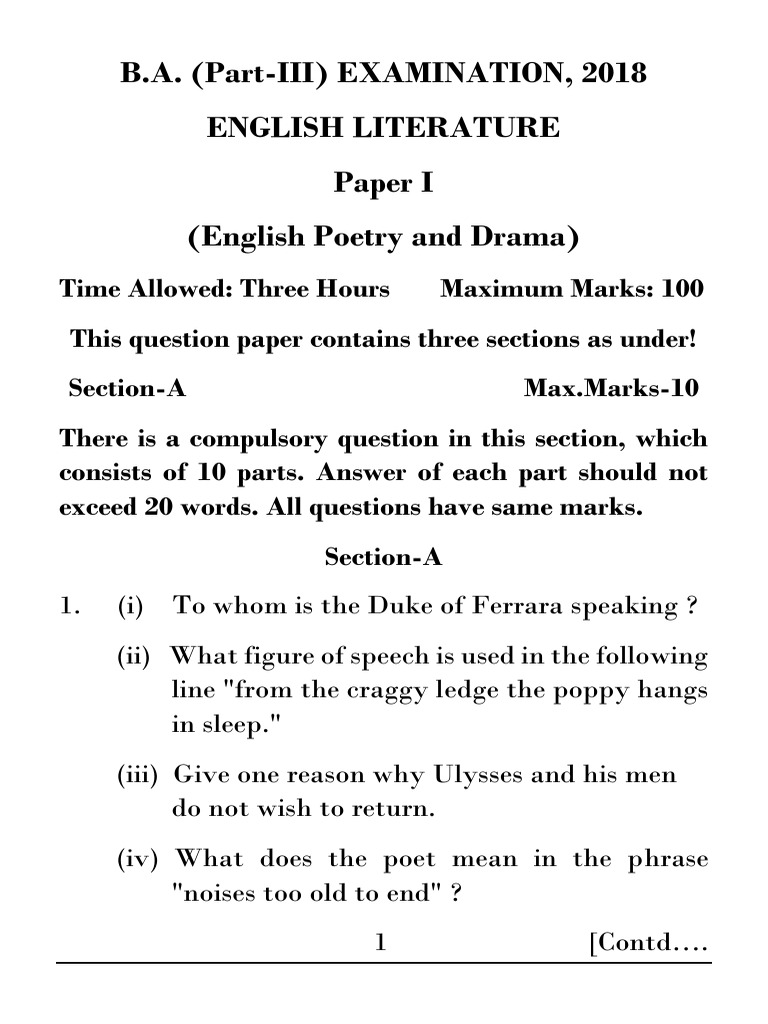 UG - BA3 - 2018 - English Lit. - P1 | PDF