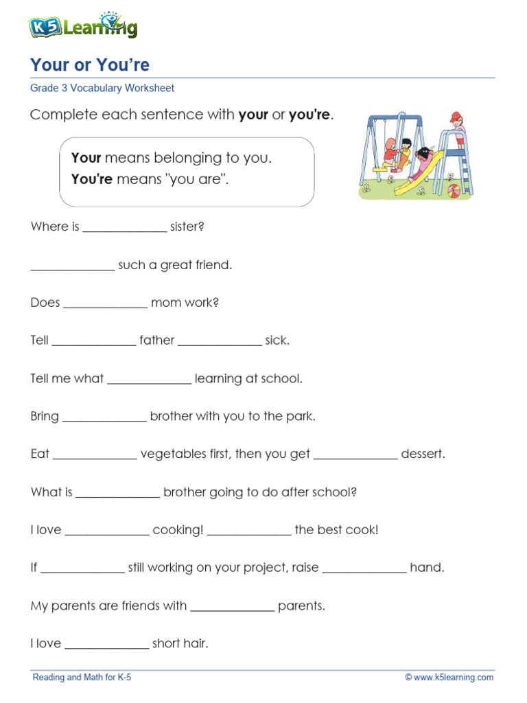 3rd Grade Your or You Are Sentences 2 | PDF