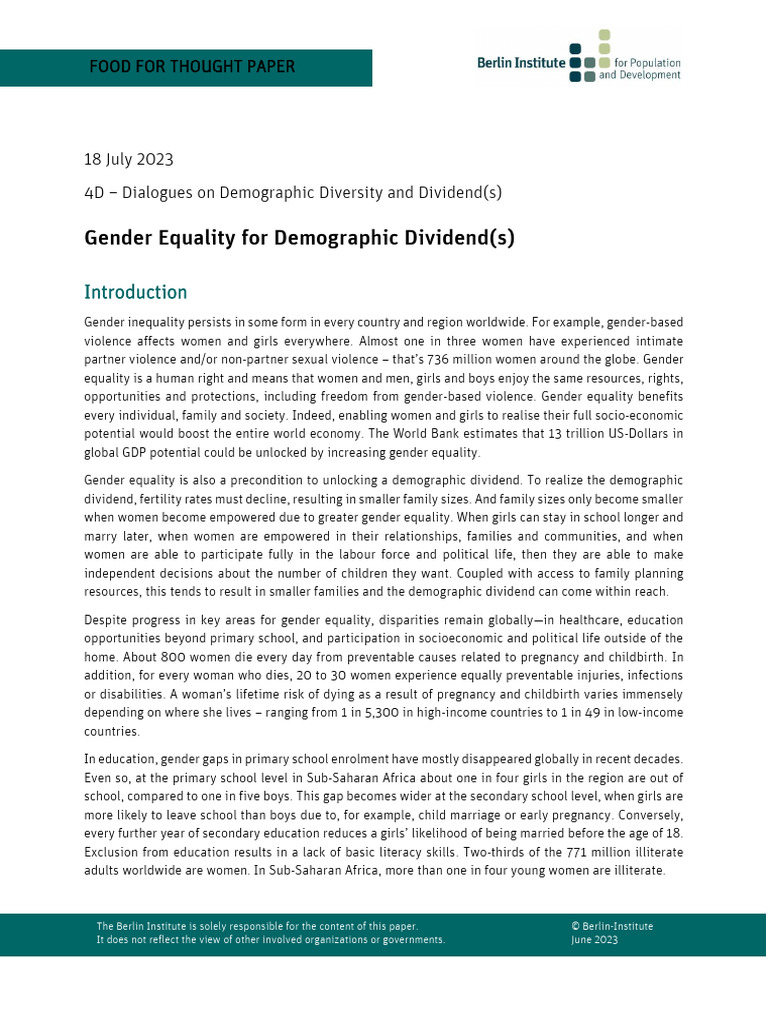 Gender Equality and Demographic Dividend | PDF | Woman | Gender Equality