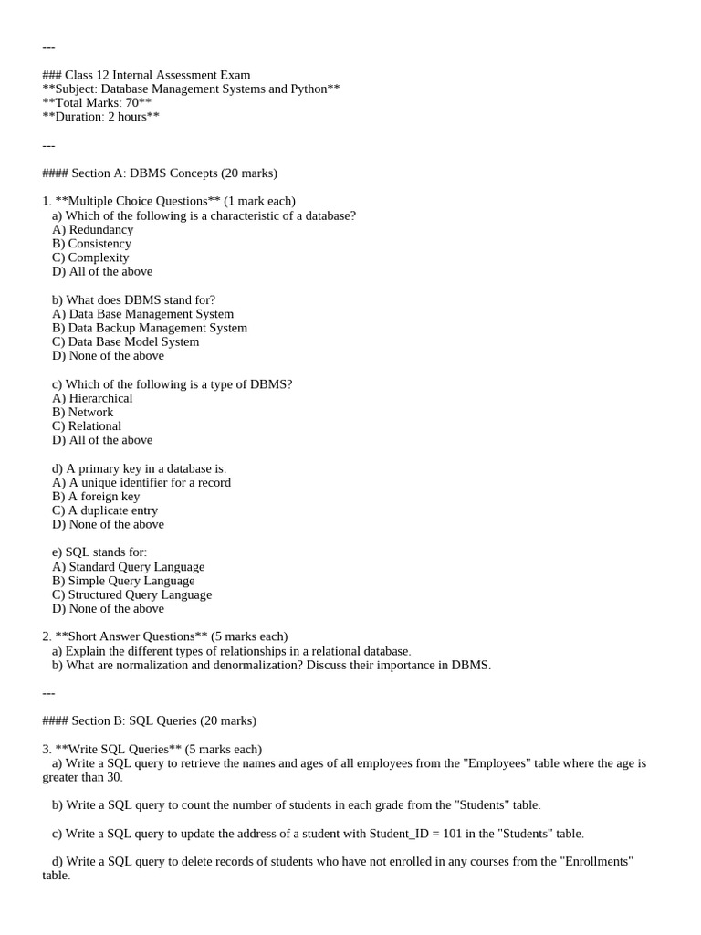 Class 12 Internal Assessment Exam | PDF | Databases | Sql