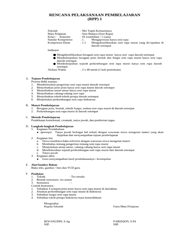 RPP Seni Rupa MTS Yapin Kelas 9 | PDF