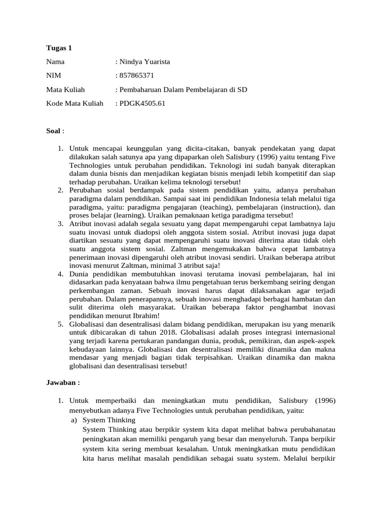 Tugas 1 Pembaharuan Dalam Pembelajaran Di SD | PDF