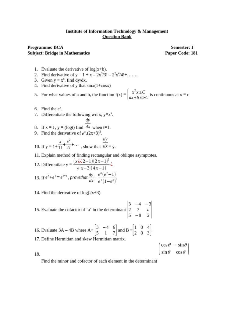 Bridge Question Bank | PDF | Matrix (Mathematics) | Abstract Algebra