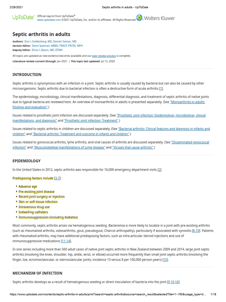 Septic Arthritis in Adults - UpToDate | PDF | Arthritis | Sepsis