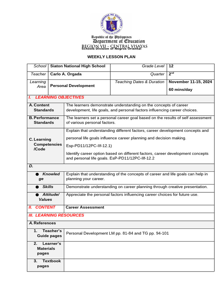 Weekly Lesson Plan - Q2 - W6 | PDF | Learning | Lesson Plan