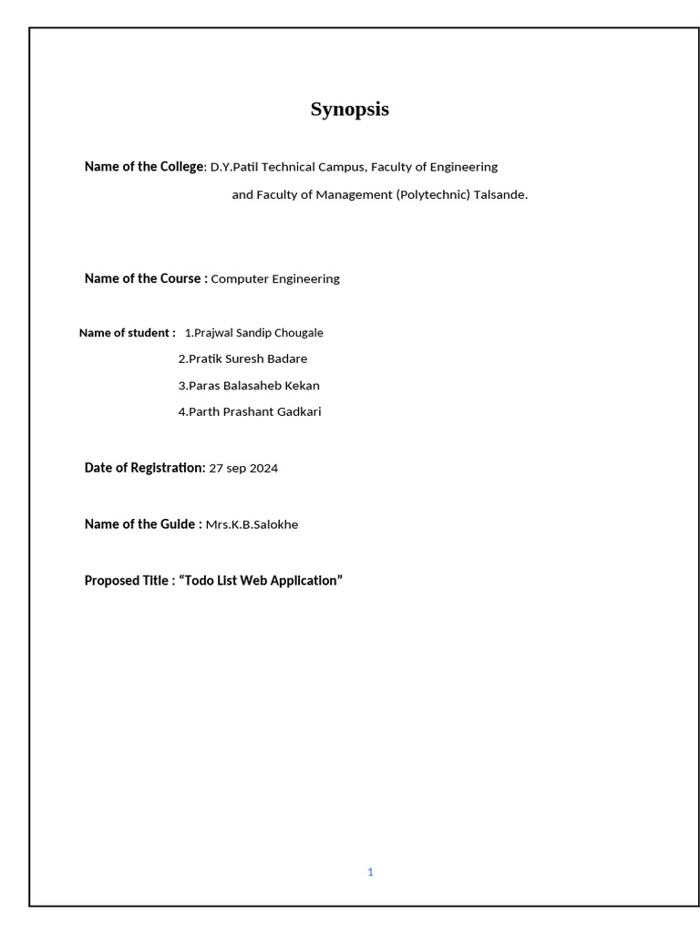 Synopsis Todolist project | PDF | Mobile App | Databases
