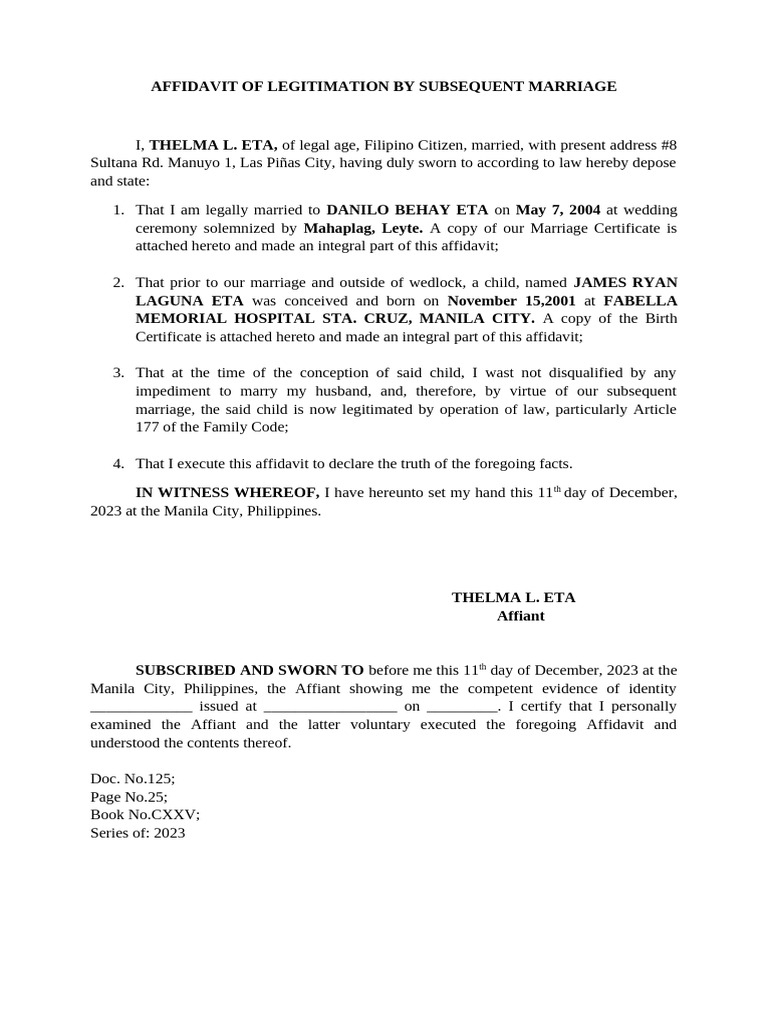 Affidavit of Legitimation by Subsequent Marriage | PDF