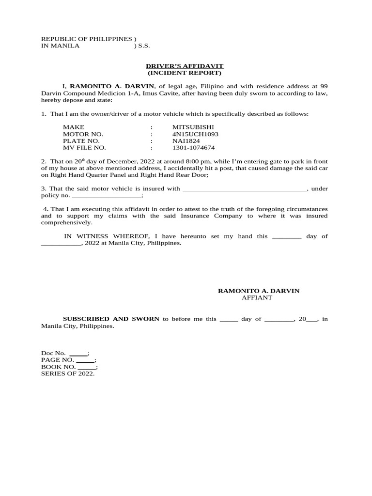 Driver's Affidavit for Insurance Claim | PDF