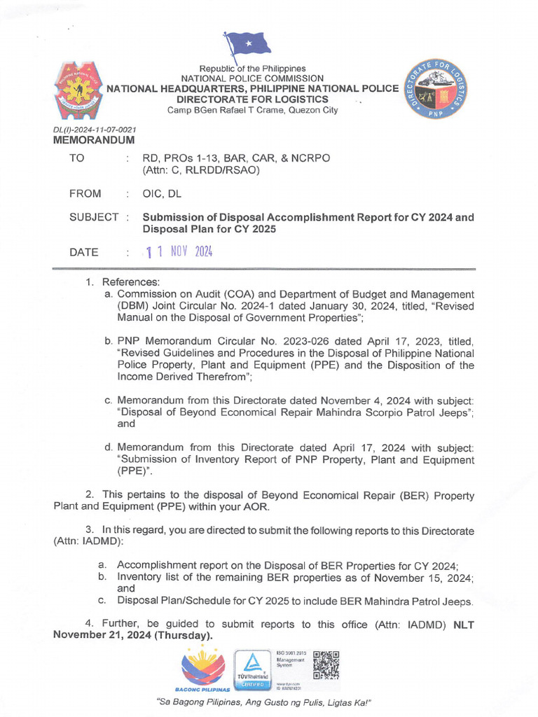 Submission of Disposal Accomplishment Report For Cy 2024 and Disposal Plan For Cy 2025 Dated ...