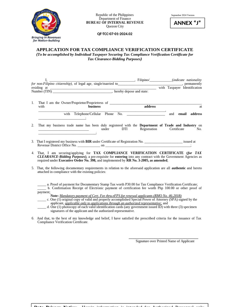 Application Form For Tax Compliance Verification Certificate ...
