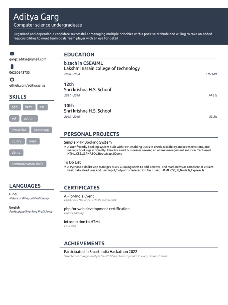 Aditya Resume | PDF | Bootstrap (Front End Framework) | Php