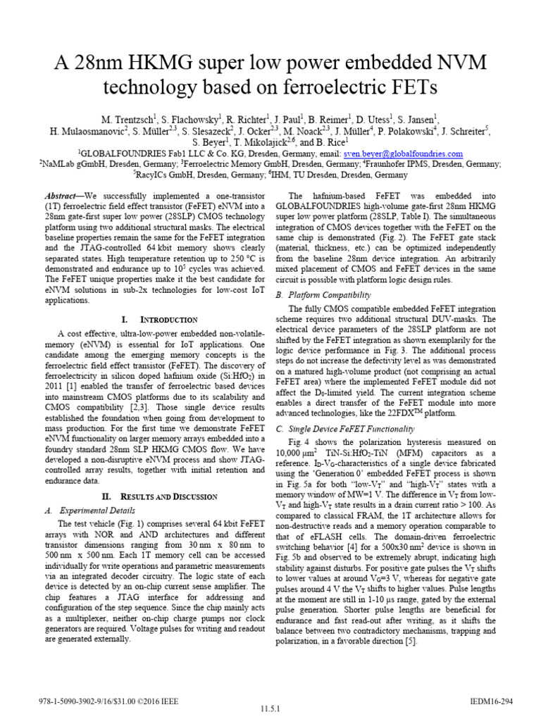 A 28nm HKMG Super Low Power Embedded NVM Technology Based On Ferroelectric FETs | PDF | Flash ...