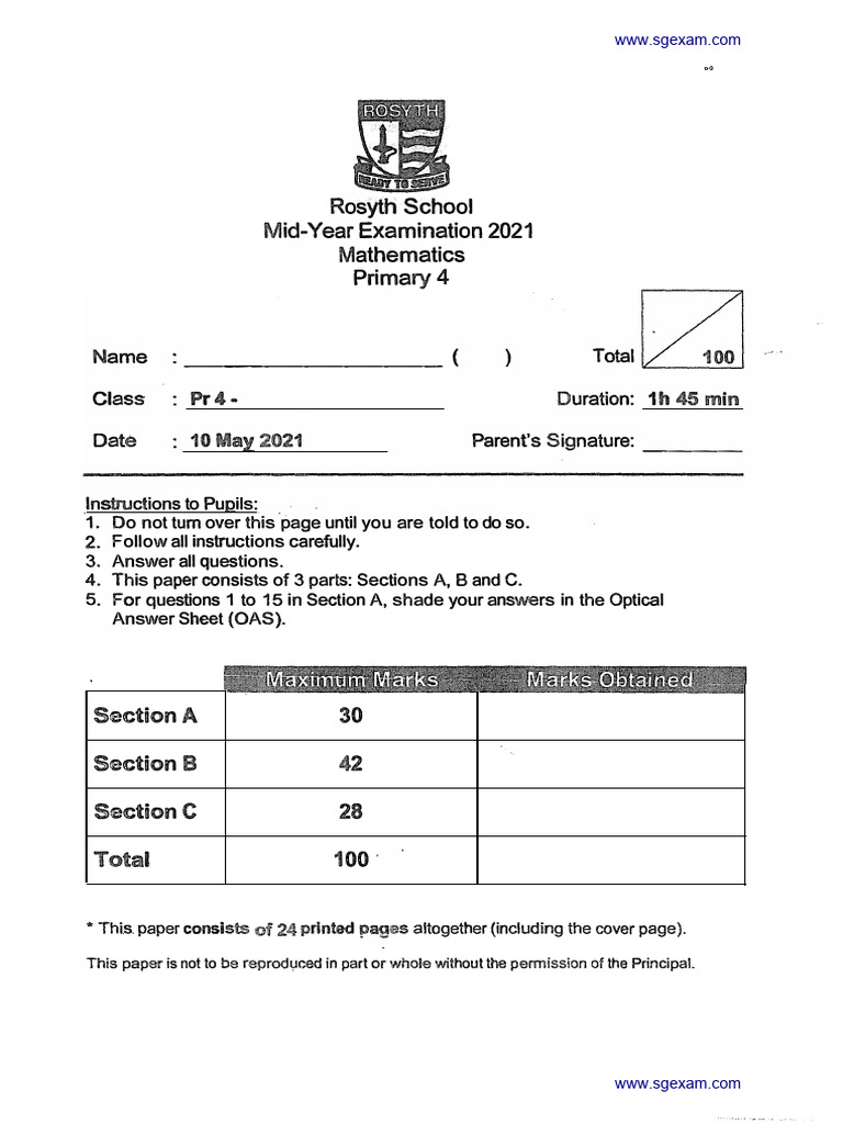 2021-P4-Maths-Semestral Assessment 1-Rosyth | PDF