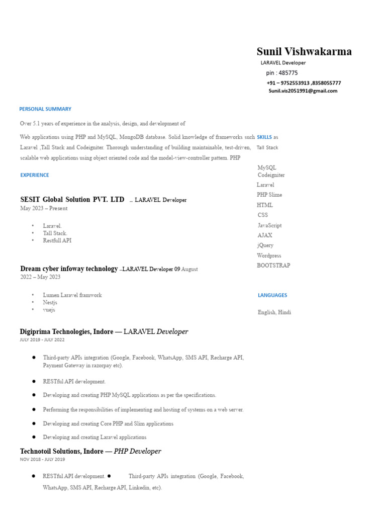 Sunil Vishwakarma Cv | PDF | Ajax (Programming) | Php