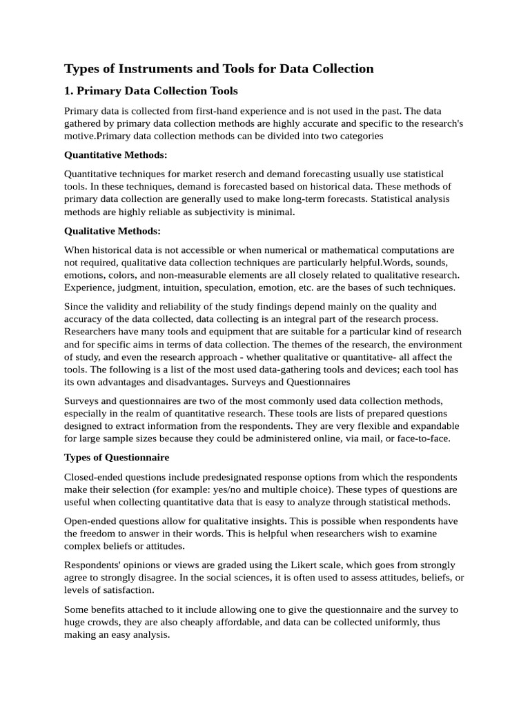Types of Instruments and Tools For Data Collection New | PDF | Focus ...
