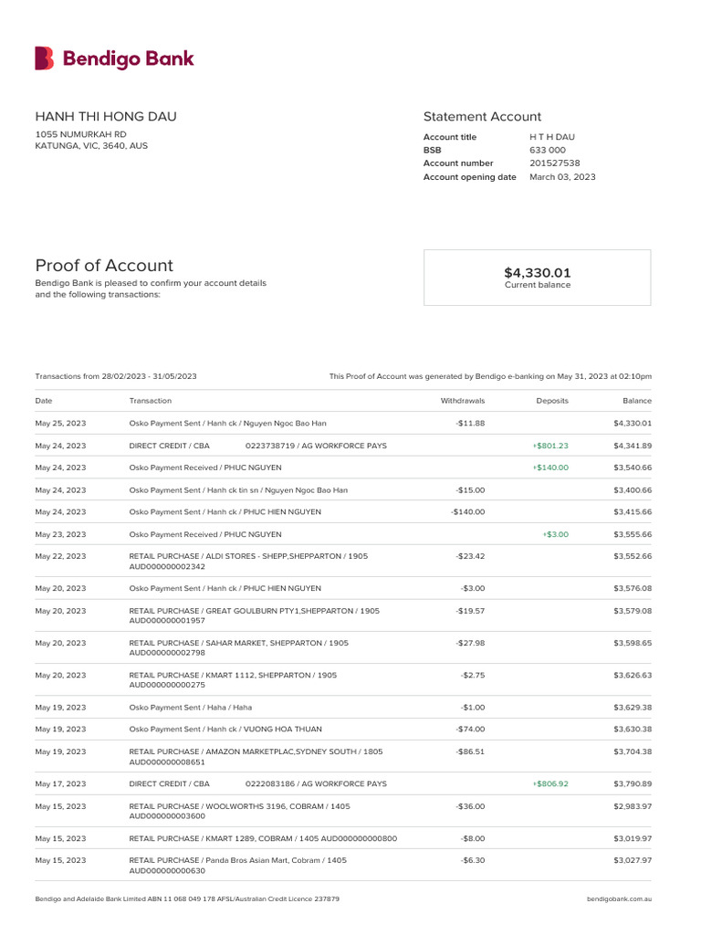 Proof of Account: Hanh Thi Hong Dau Statement Account | PDF | Retail ...