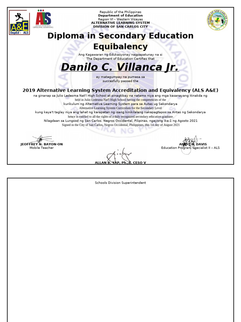 ALS Secondary Diploma Certification | PDF